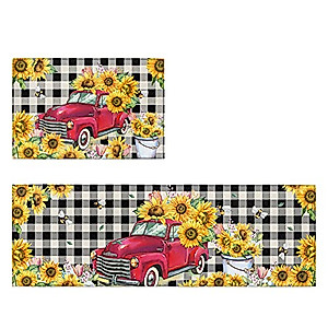 Teamery Kitchen Mats for Floor, Red Truck with Farm Sunflower Black Buffalo Plaid Kitchen Rugs, Kitchen Organization Anti-Fatigue Kitchen Mat, Kitchen Decor Runner Rug Room Decor Standing Desk Mats