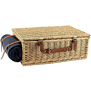 Large Willow Picnic Basket with Deluxe Service Set for 4 Persons, Natural Wicker Picnic Hamper with Food Cooler, Wine Cooler, Free Fleece Blanket and Tableware - Best Gift for Father Mother