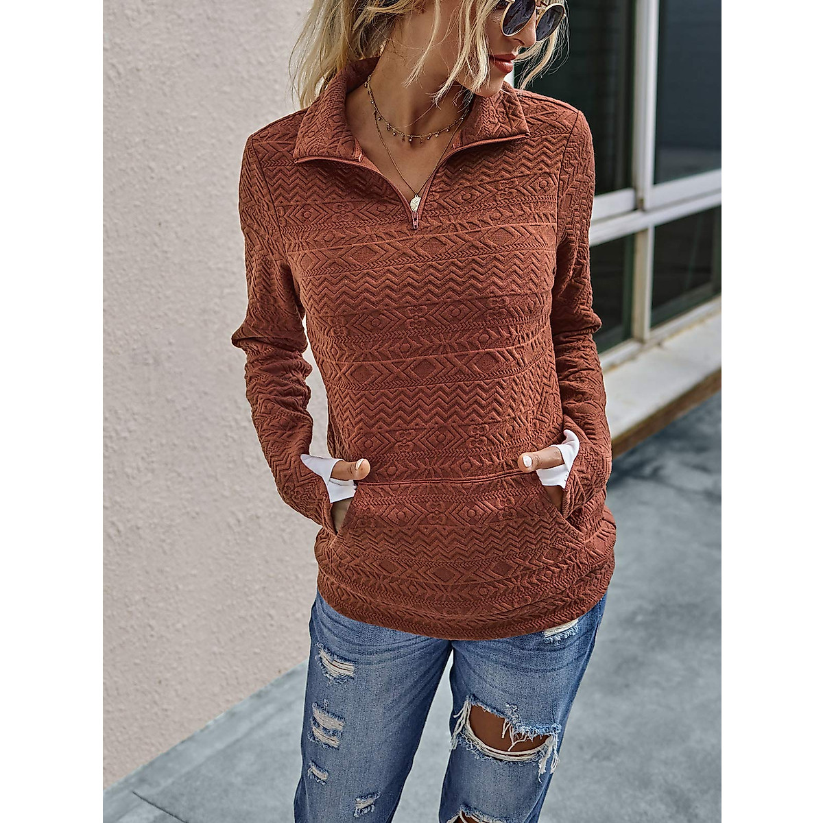 LANREMON Women Long Sleeve Sweatshirt Fashion Quilted Pattern Plain Zipper Pullover Sweatshirts Tops with Pockets