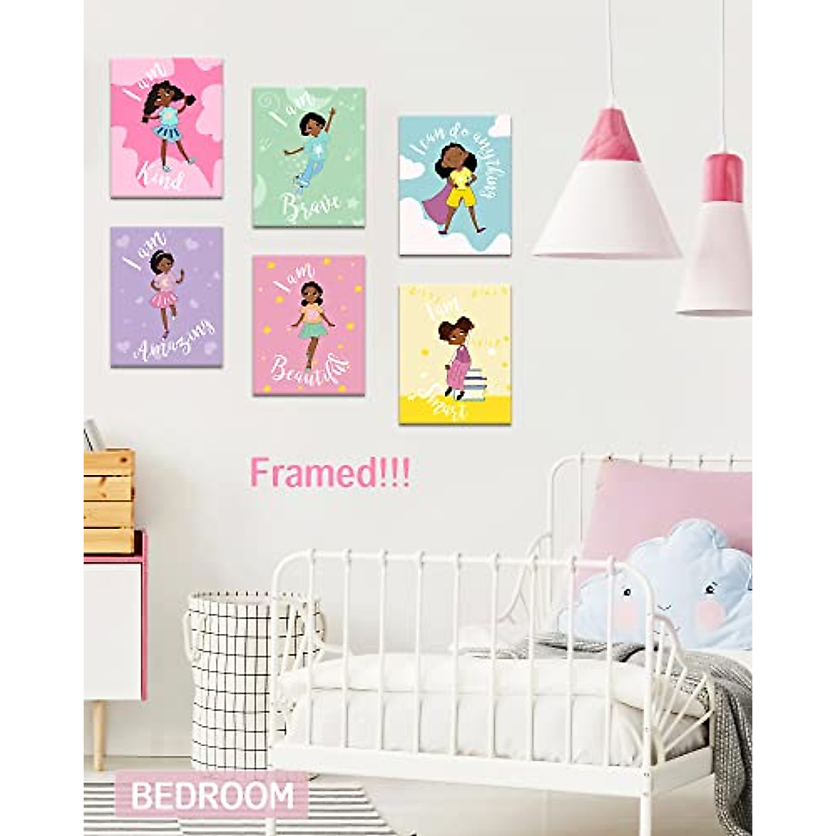 Girls Room Decor Black Girl Wall Painting Art Decor - Motivational Black Girl Posters - Inspirational Art Paint for Kids Teen Girls Room Wall Decorations (Framed, 8 x 10 Inch x 6pcs)