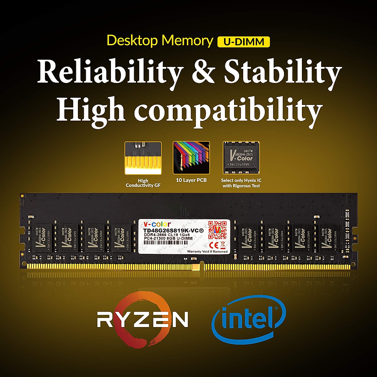 V-Color DDR4 8GB (8GBx1) 2666MHz (PC4-21300) CL19 Standard Desktop Computer PC Ram Memory Module Non ECC Unbuffered DIMM 1.2V(TD48G26S819-VC)