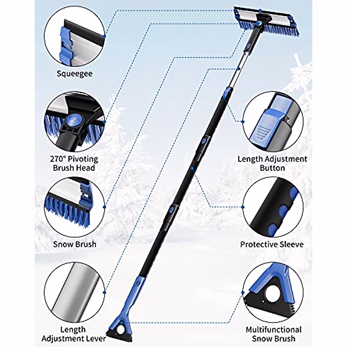 JOYTUTUS 61.3″ Ice Scraper and Long Handle Snow Brush, 270° Pivoting Extendable Snow Scraper Brush for Car Windshield, Telescoping Ice Scraper Foam Grip, Snow Remover for Cars, Trucks, SUV (Xmas Bag)
