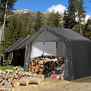 TNINE 10' x 10' Heavy Duty Steel Metal Frame Peak Roof Outdoor Anti-Snow Storage Shed with Waterproof Cover for Snowmobile Garden, Grey