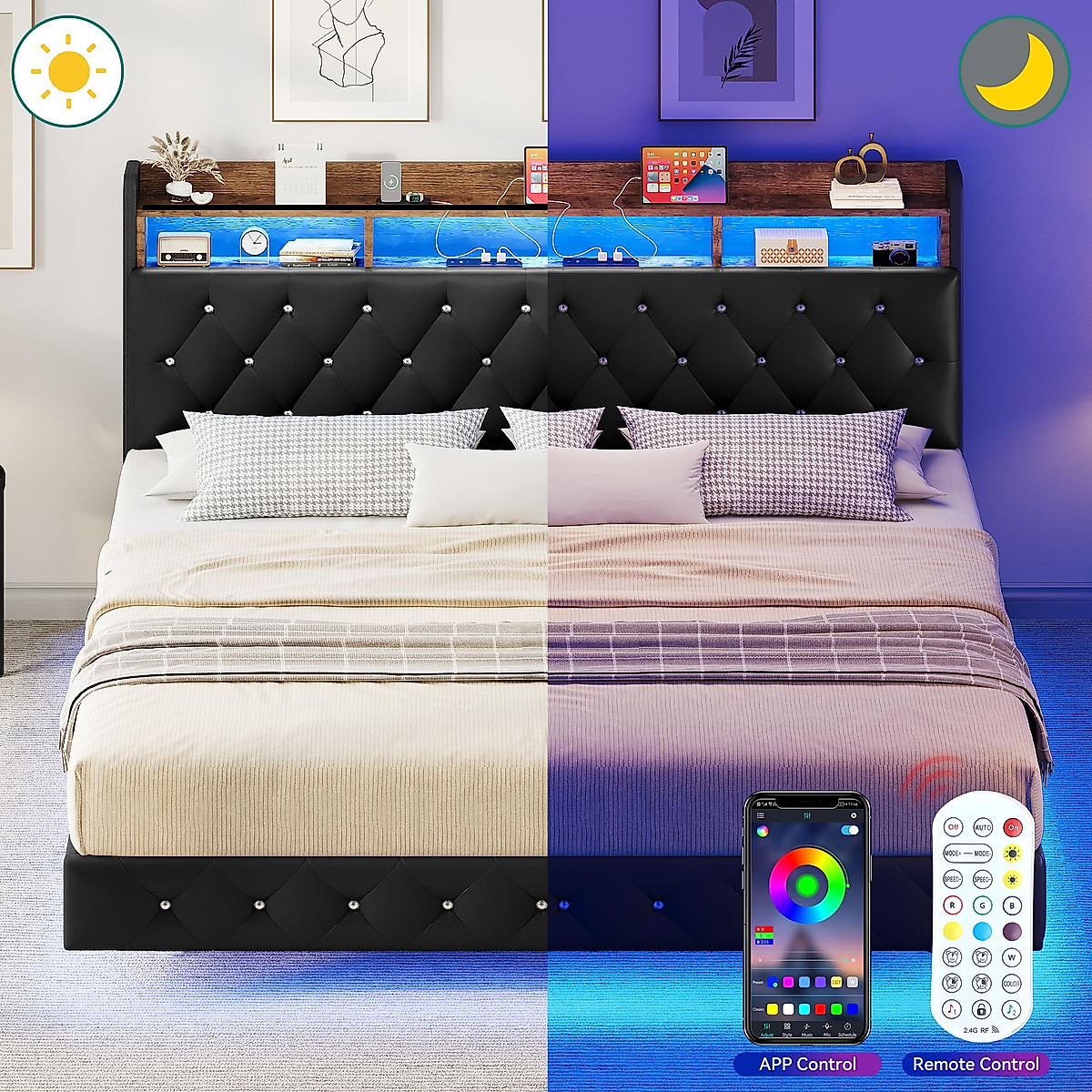 YITAHOME Floating Bed Frame Queen, Upholstered Platform Bed with RGB LED Lights, Faux Leather Crystal Button Tufted Storage Headboard and USB-C/A Charging Station, No Box Spring Needed, Black