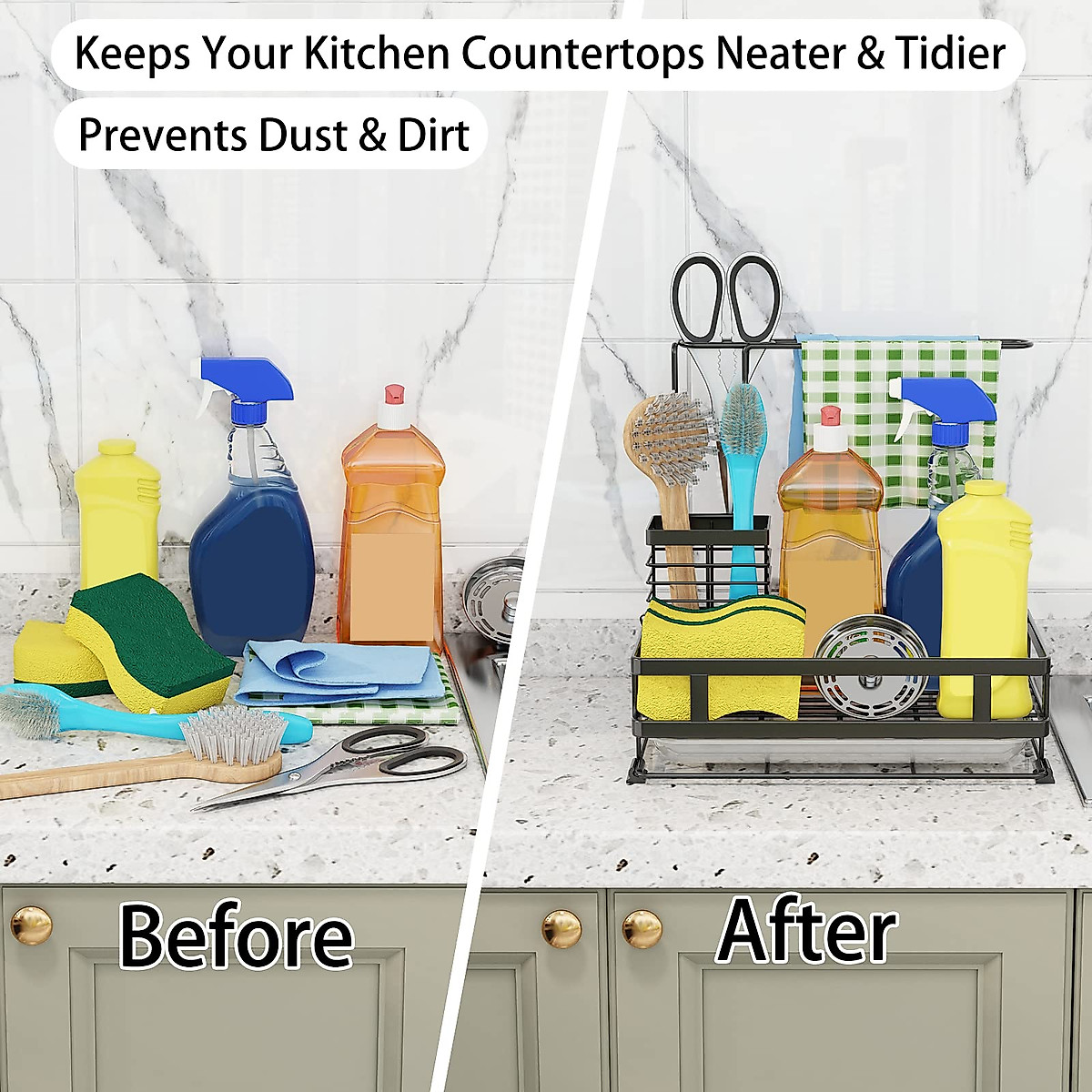 Godboat Kitchen Gadgets, Sponge Holder for Kitchen Sink, Kitchen Sink Organizer, 304 Stainless Steel Sink Caddy, No Drilling Sponge Holder, Kitchen Organization with Drain Pan, Gifts for Women & Men