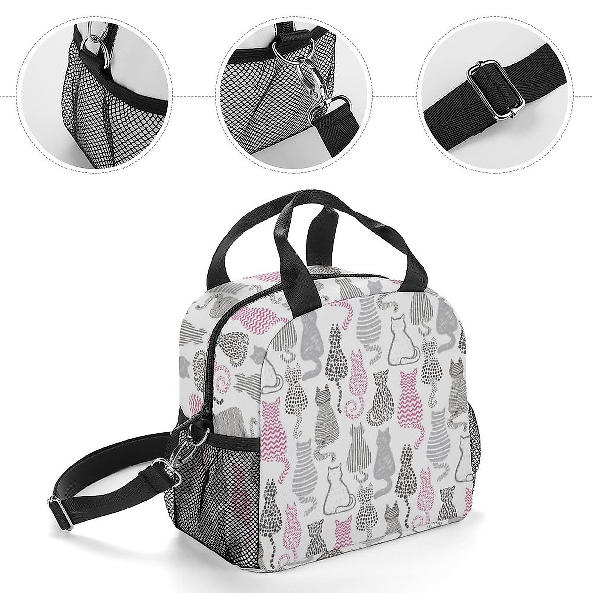 Lunch Box Women Boys Girls Grey Pink Cats Lunch Bag Insulated Thermos Tote with Water Bottle Holder & Removable Shoulder Strap for Back to School Travel Work
