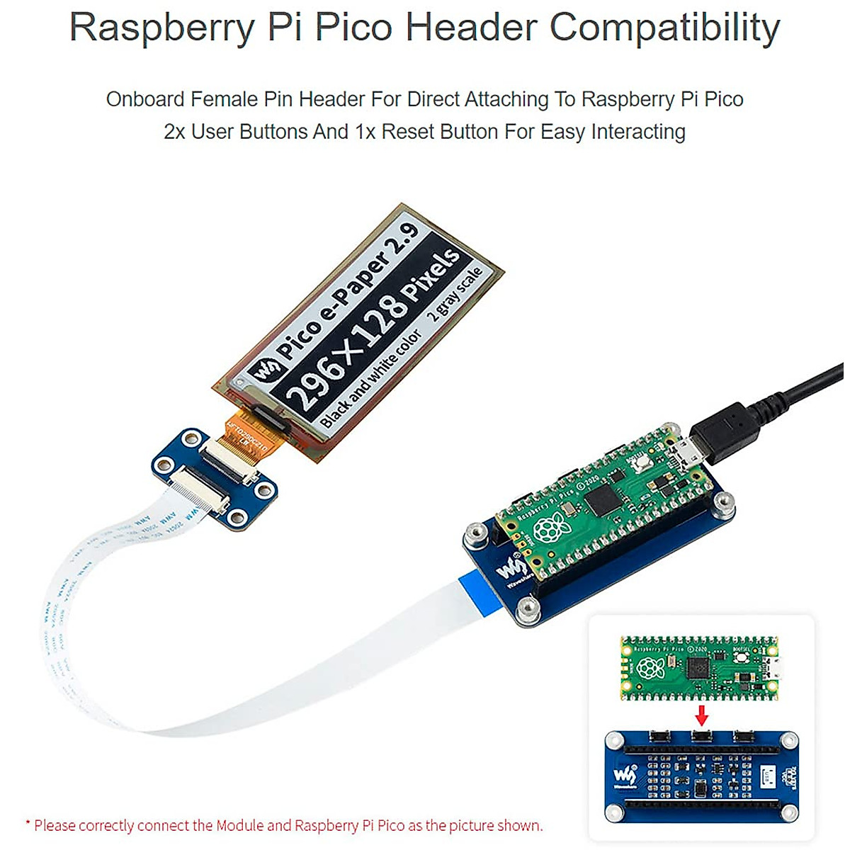 2.9inch Flexible E-Paper Display Module for Raspberry Pi Pico, 296×128 Resolution E-Ink Display Panel, Black/White Display Color, SPI Interface, Support Partial Refresh