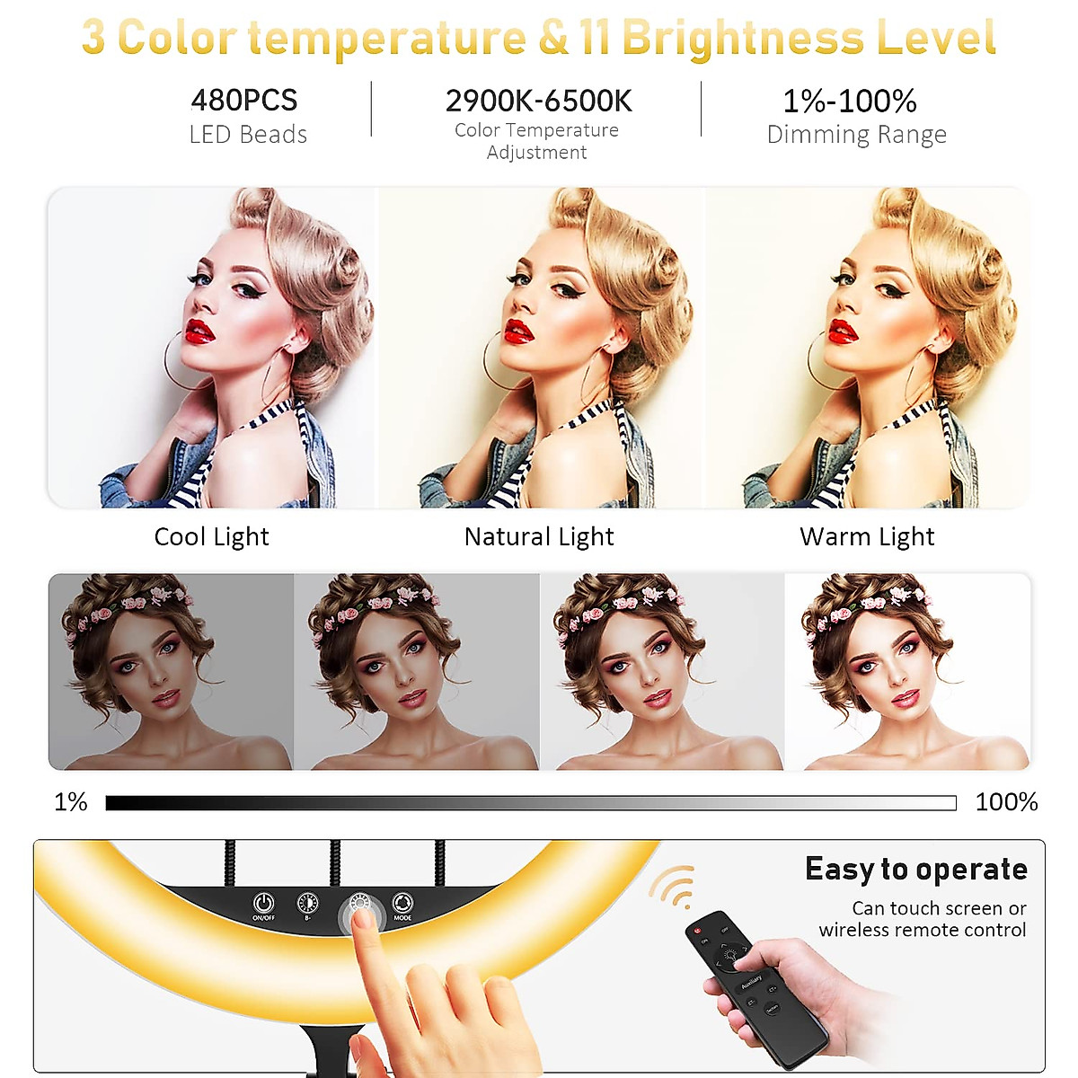 Ring Light 18 Inch with Tripod Stand, 55W 5700K Dimmable Selfie LED Ring Light with 73" Tripod Stand and 3 Phone Holder, Circle Light for Make Up, YouTube, Video Shooting, Live Stream, Vlog, CRI > 95