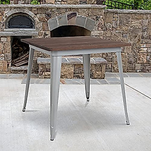 Flash Furniture Toby 31.5" Square Silver Metal Indoor Table with Walnut Rustic Wood Top