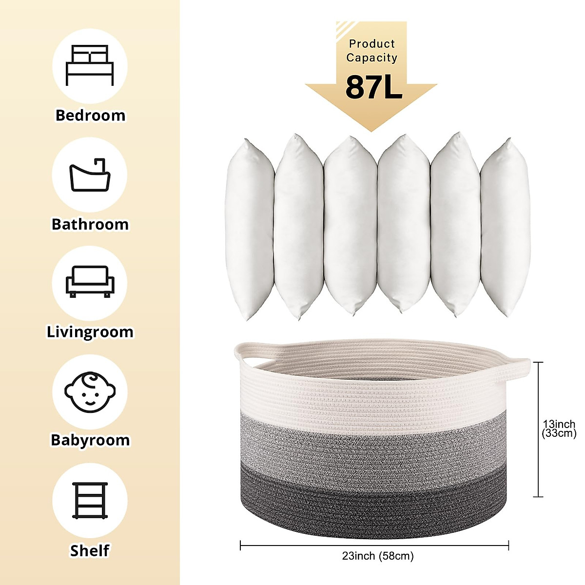 OIAHOMY Extra Large Storage Basket, 23" x 13" Woven Blanket Basket for Living Room, Round Woven Basket for Clothes, Laundry Basket for Pillow-Gradient Grey