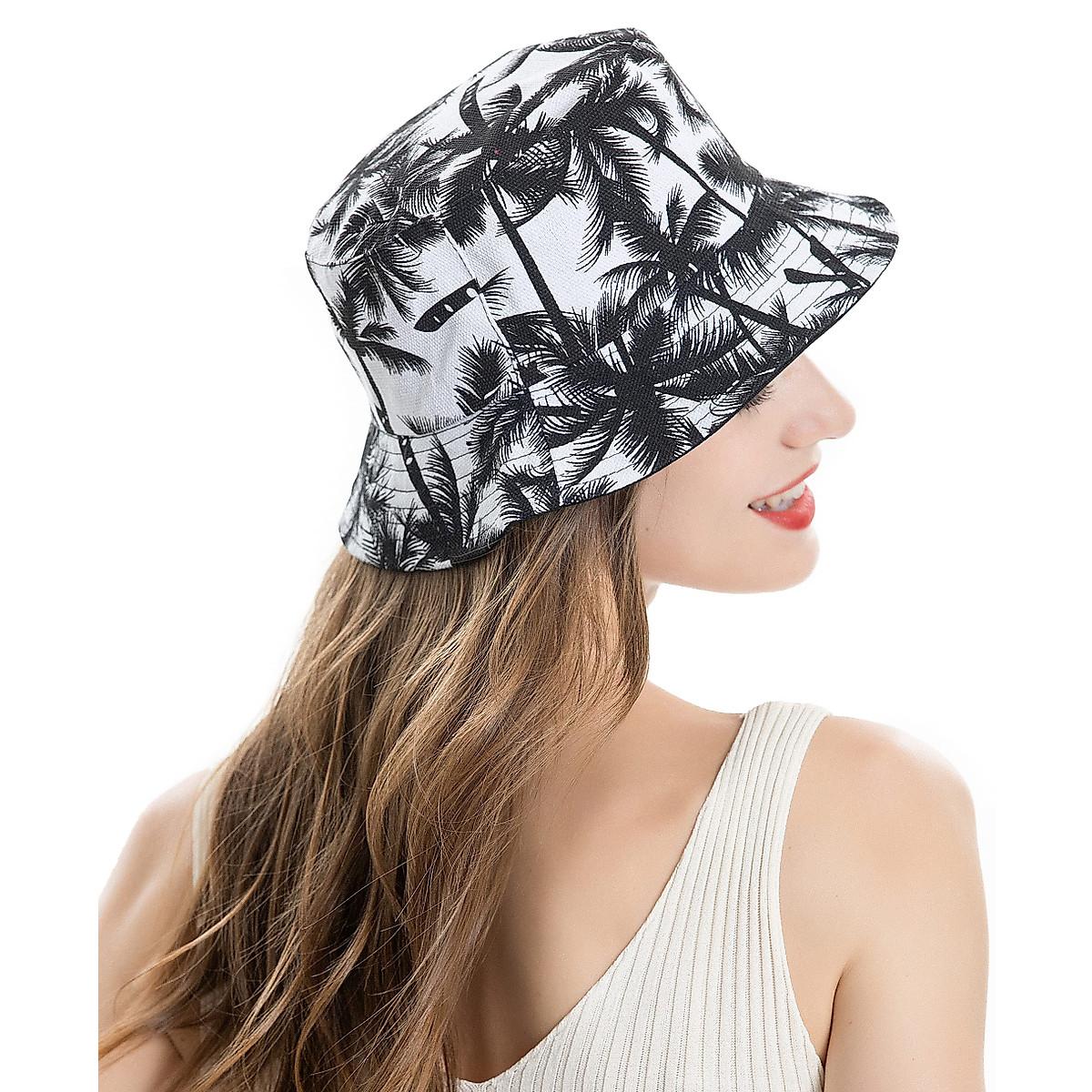 ZLYC Unisex Cute Print Bucket Hat Summer Travel Fisherman Cap for Women Men Teens (Palm Tree Black)