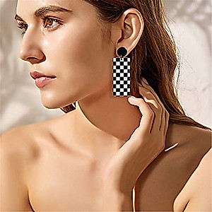 WUWEIJIAJIA Unique Acrylic Black White Striped Checkered Dangle Drop Earrings Heart Flower Pattern Stud Earrings for Women Statement (Style-5)
