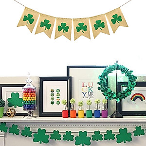 FAKTEEN St. Patrick's Day Glitter Shamrock Clover Burlap Banner - Green and Light Green Color Irish Party Supplies Home Hanging Garland Decor