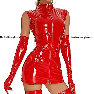 Women Sexy Tank Leather Dress, Gloves Not Included, Wetlook, Plus Size, Shiny Latex Hip Skirt, Black