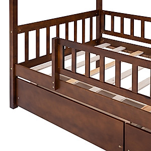 Harper & Bright Designs Twin Size House Bed for Kids, Wooden Twin Bed Frame with 2 Storage Drawers, Twin Montessori Bed with Roof & Rails Design for Girls Boys, Walnut