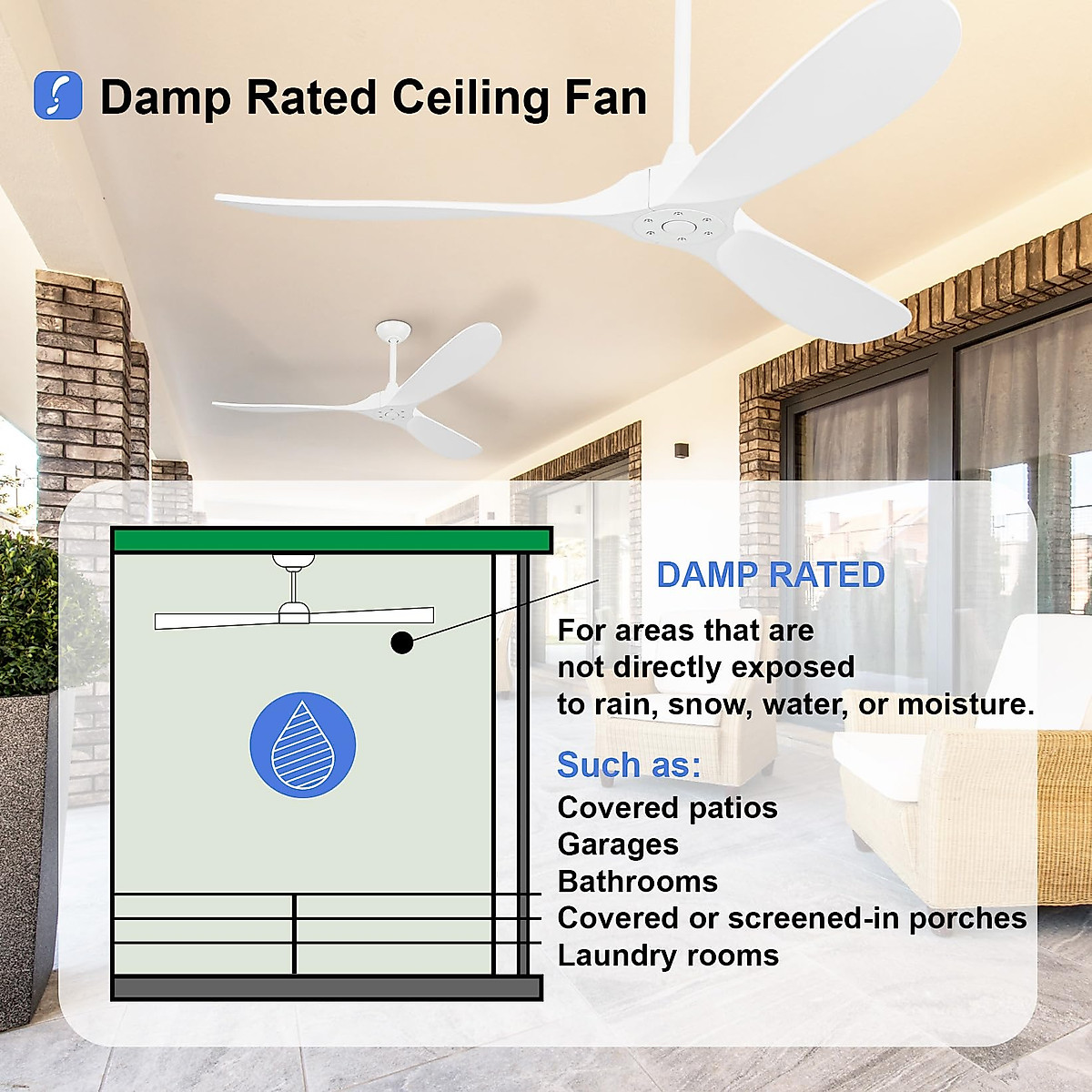 Swcita Large Ceiling Fans without Light, 60 Inch Modern Ceiling Fan with 3 Wood Blades, Noiseless Reversible DC Motor and Remote, for Outdoor Patios Indoor Bedroom Living Room Farmhouse, White