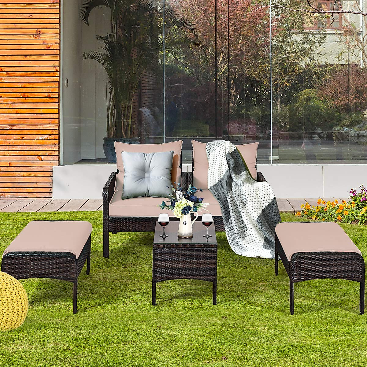 Tangkula Wicker Furniture Set 5 Pieces PE Wicker Rattan Outdoor All Weather Cushioned Sofas and Ottoman Set Lawn Pool Balcony Conversation Set Chat Set