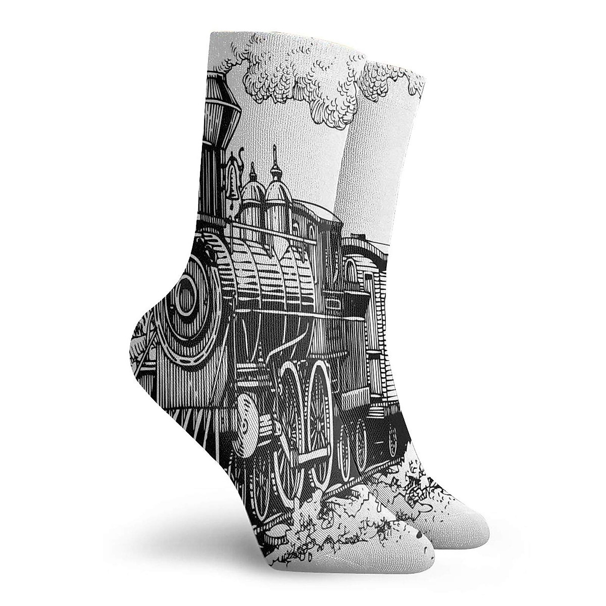 Steam Engine Funny Compression Socks Women and Men,Rustic Old Train In Country Locomotive Wooden Wagons Rail Road With Smoke,Best for Circulation,Running,Athletic,Nurse,Travel,Black And White -12 inch