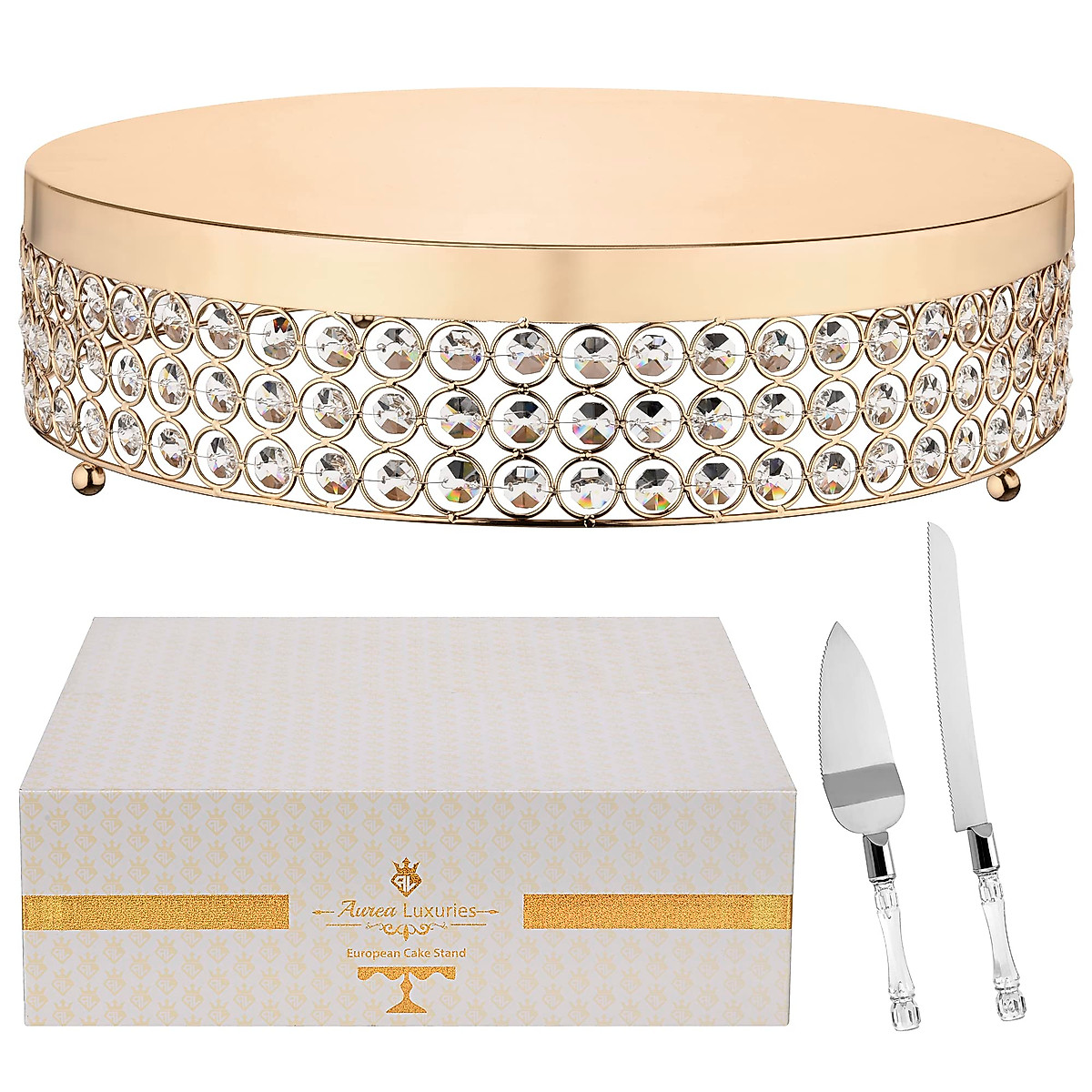 16'' Gold Cake Stand with Stainless Steel Cake Knife & Server – 3Pcs Set Luxurious Cake Holder with Crystal Beads – Multipurpose Dessert Stand Dessert Table Display for Wedding, Party, (Clear)