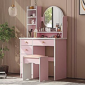 AIEGLE Vanity Desk Set with Round Mirror, Makeup Dressing Table with Shelves & Cushioned Stool, Vanity Desk & Vanity Stool Set, Pink (31.5" W x 15.7" D x 52" H)