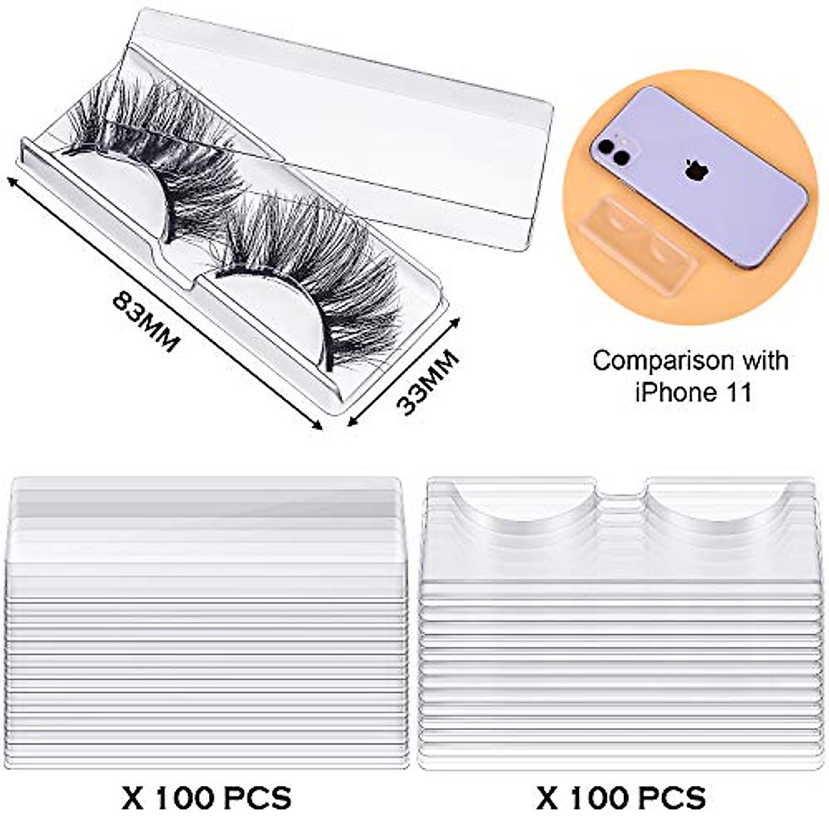 100 Packs False Eyelash Storage Box with Eyelash Tray, Empty Fake Eyelash Packaging Box Plastic Eyelash Care Storage Cases for Women Girls (Clear)