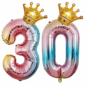 Chaungfu Crown 40 inch Large Happy Birthday Number Foil Balloon Birthday Party Decorations Supplies 30th Birthday Party Decorations Gradient Color Number Balloon 30 with Mini Crown, Multi-colored
