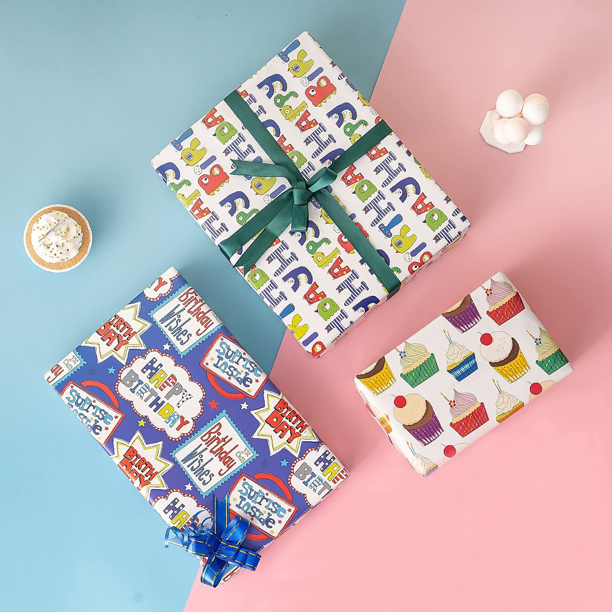 Titiweet Happy Birthday Wrapping Paper Sheets with Cut Line, Recycled Gift Wrapping Paper, 6 Sheets Folded Flat Gift Wrap with Sticker Ribbon Tape, 20 x 28 Inches Per Sheet