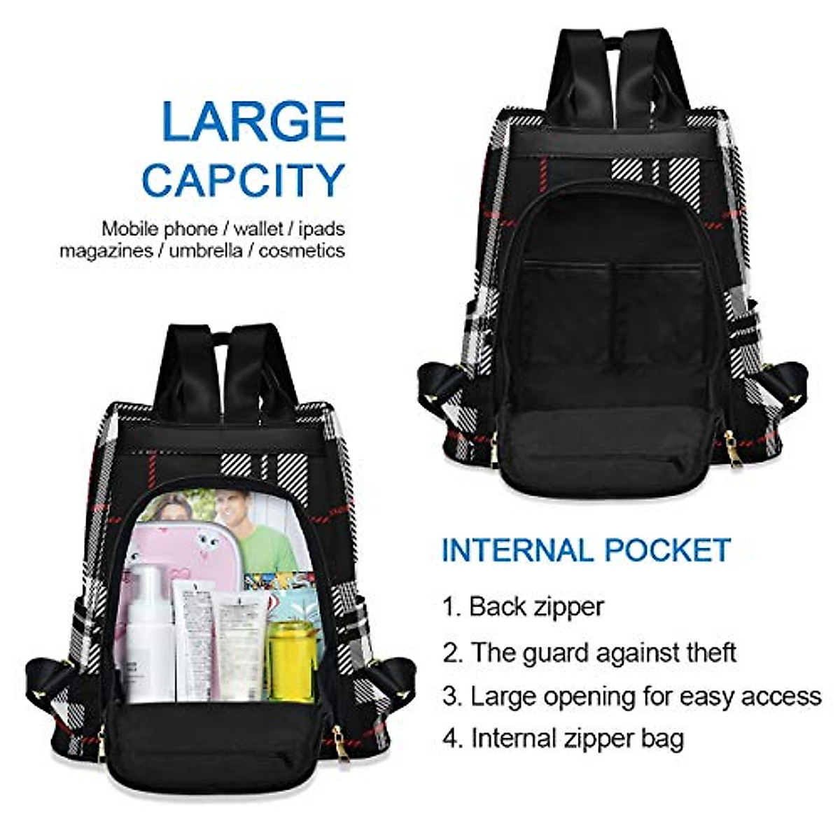 ALAZA Blackwhite And Red Tartan Plaid Scottish Backpack Purse with Adjustable Straps for Woman Ladies