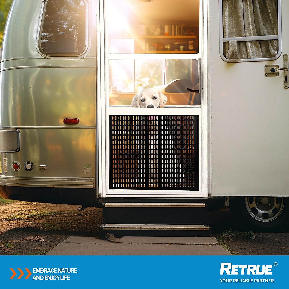 RETRUE RV Screen Door Protector Adjusts from 22" to 31.5" Aluminum Alloy Camper Screen Door Protector Guard for Dogs Kids Safe, Black