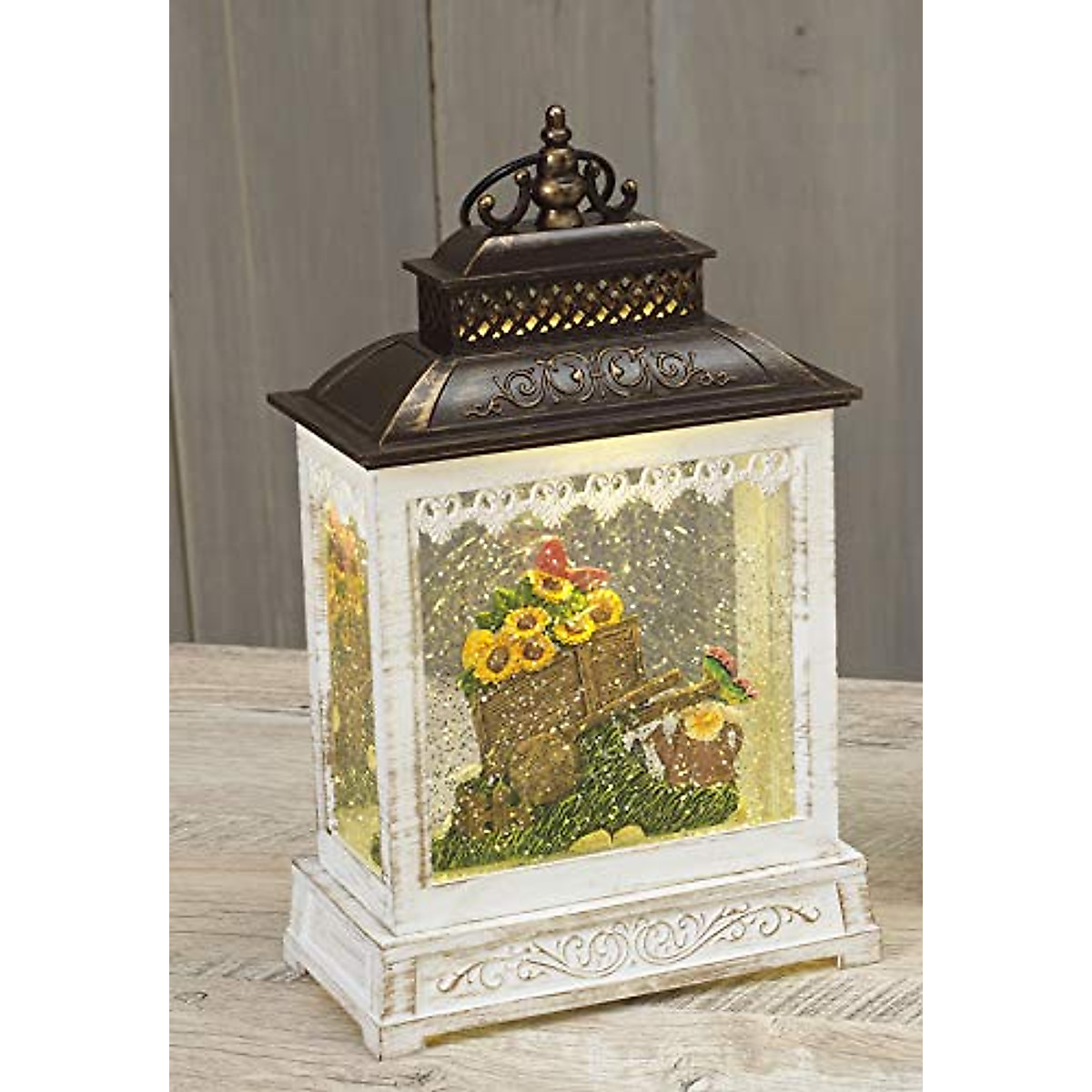 Butterflies in The Garden Lighted Water Lantern with Timer, Battery Operated, 10.5 Inches High, Antique White and Bronze, Snow Globe with Swirling Glittered Effect