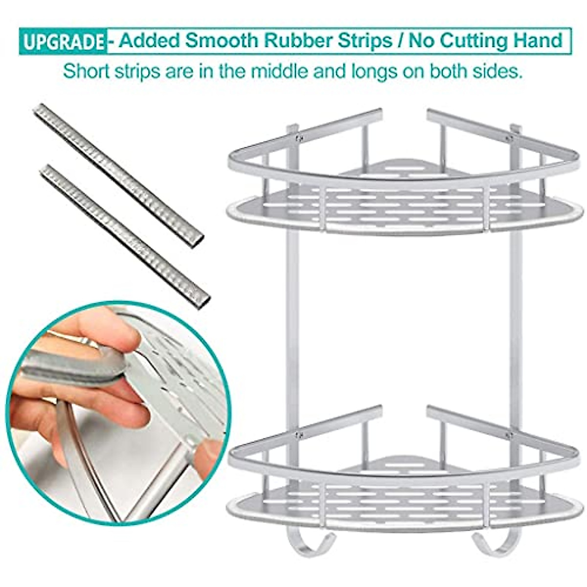 Guaber Shower Caddy Corner Shelf, 2 Tiers Aluminum Alloy Wall Mounted Bathroom Shower Organizer, Self Adhesive Shower Shelf Basket Shampoo Storage Rack with Hooks for Bathroom Toilet Dorm Kitchen