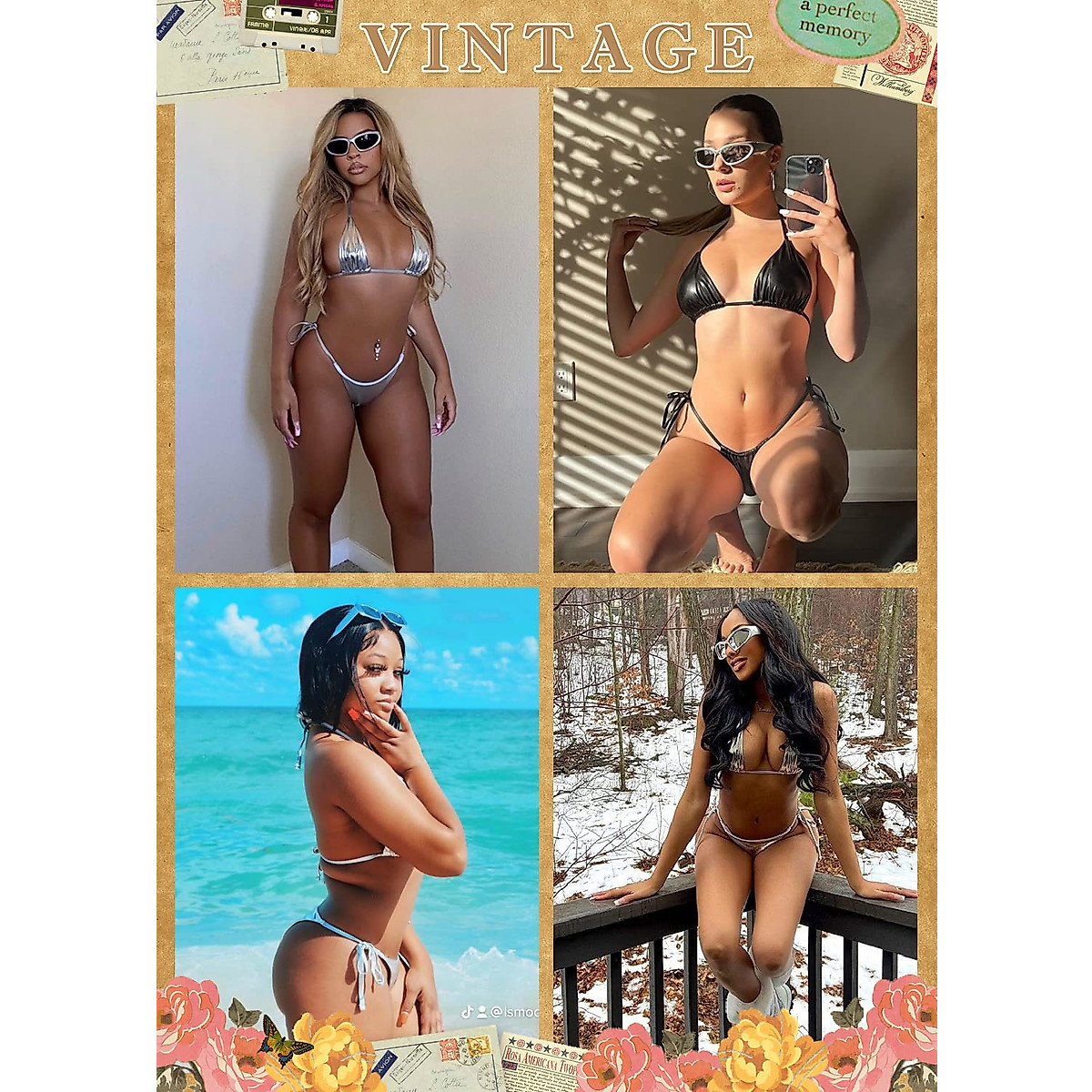 Ella Lust Metallic Bikini for Women - Silver Bathing Suit High Waisted Tie Side Thong Bottom Triangle Top Shiny Swimsuit(Silver,XS,1026a)