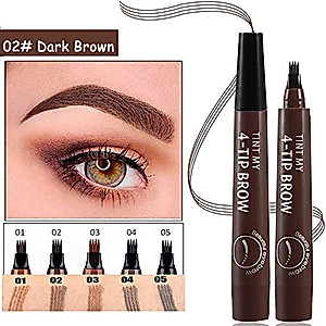 Microblading Eyebrow Pen, Eyebrow Pen 4 Points Eyebrow Pencil, Creates Lasting MakeUp Professional Natural Looking Eyebrows, Cover Sparse Areas, Daily Waterproof Eyebrow with Gift (02#Dark Brown)
