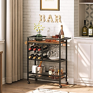 MAHANCRIS Bar Cart for Home, 3-Tier Serving Cart with Wheels and Handle, Beverage Cart with Wine Rack and Glass Holders, Rolling Wine Cart for Kitchen, Dining Room, Rustic Brown RCHR6101