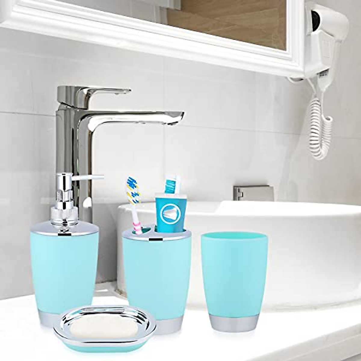 Yosoo 6 Piece Plastic Bathroom Accessory Set Luxury Bath Accessories Bath Set Lotion Bottles, Toothbrush Holder, Tooth Mug, Soap Dish, Toilet Brush, Trash Can (Light Green)