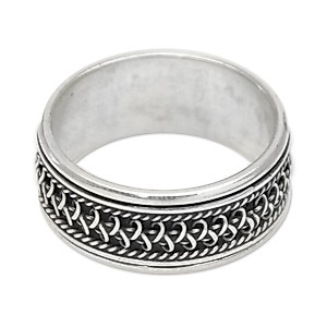 NOVICA Artisan Handmade Sterling Silver Meditation Spinner Ring Balinese No Stone Band Indonesia Romantic [band Width 8 mm W] ' Dragon Scale'