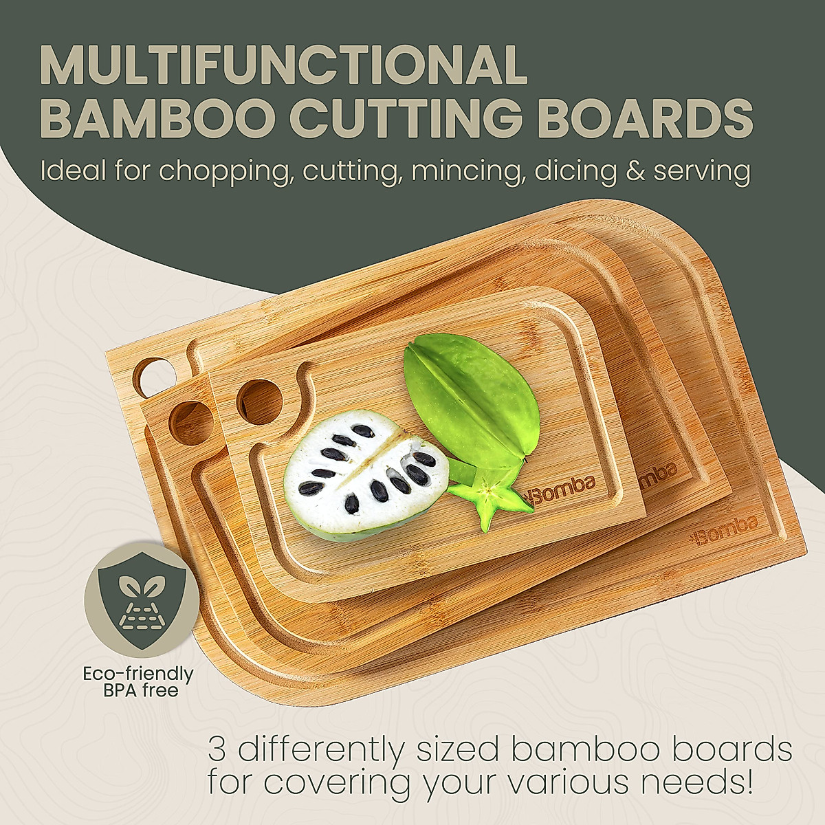 BOMBA Cutting Board Set of 3 – Premium Charcuterie Board for Cutting, Chopping, Serving – Natural Bamboo Cutting Board – Practical and Durable – Easy to Wash – Eco-Friendly and Non-BPA