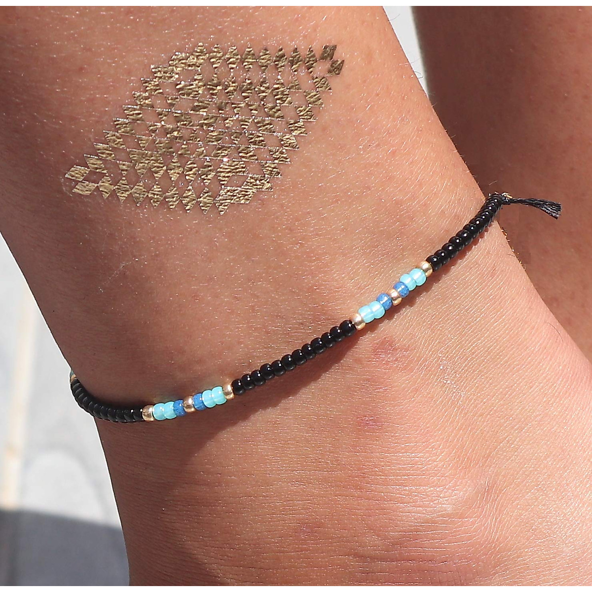 Anklet for Women, Unique Beaded Thin Anklet, Black Gold Colorful Boho Hippie Waterproof Beach Foot Jewelry, Native American Style, Handmade by Tribes (S-M (adjustable))