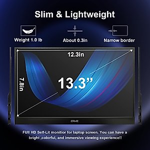 ERKE Portable Monitor USB C Monitor for Laptop13.3 inch1080P FHD HDR Computer Second External Ultra-Slim IPS Monitor for Phone Xbox Switch PS5 60HZ with Smart Cover&Screen Protector(USB C/HDMI Input)