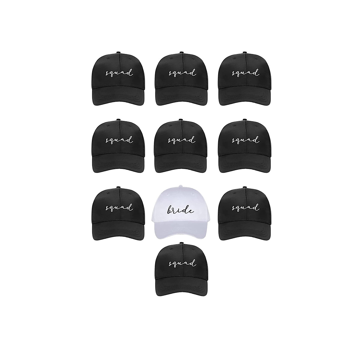 Pop Fizz Designs Bachelorette Hats ( 10 Pack) 1 White Bride Hat | 9 Black Squad Hats I Bride Tribe Baseball Caps I Bachelorette Party Favors