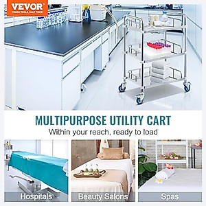 VEVOR Lab Rolling Cart, 3-Shelf Stainless Steel Rolling Cart, Lab Serving Cart with Swivel Casters, Dental Utility Cart for Clinic, Lab, Hospital, Salon, 26.38"x15.55"x34.13"