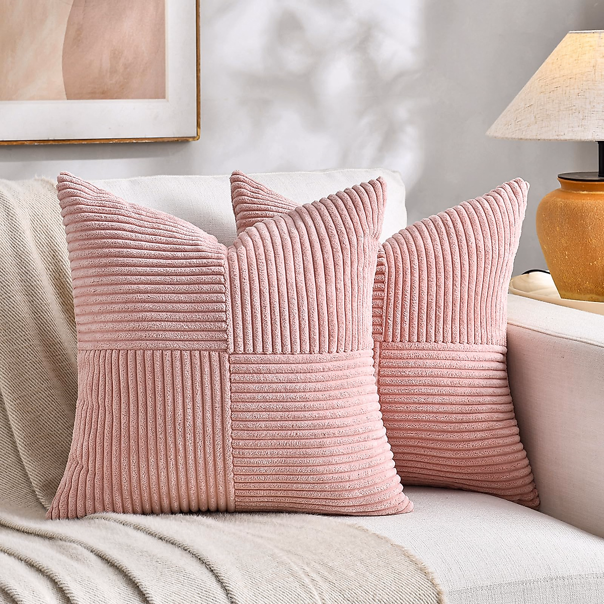 Fancy Homi 2 Packs Blush Pink Decorative Throw Pillow Covers 18x18 Inch for Living Room Couch Bed, Rustic Farmhouse Boho Home Decor, Soft Corss Corduroy Patchwork Textured Square Cushion Case 45x45 cm