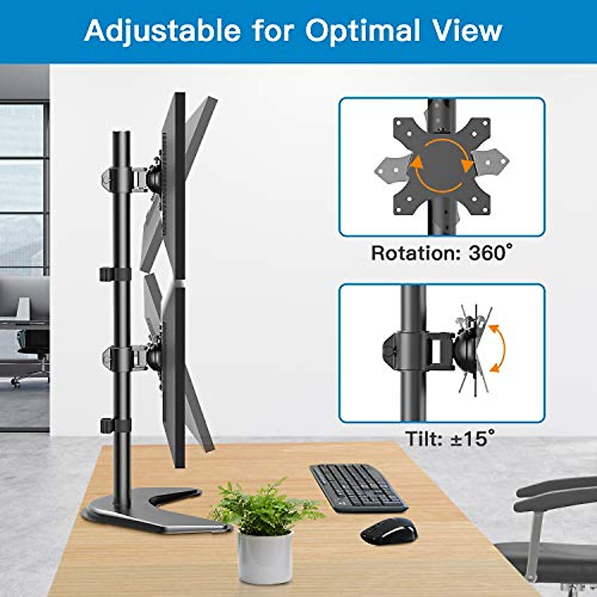 HUANUO Dual Monitor Stand - Vertical Stack Screen Free-Standing Holder LCD Desk Mount Fits Two 13 to 32 Inch Computer Monitors with C Clamp Grommet Base