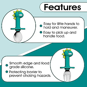 Dinosaur Silicone Baby Feeding Set |Toddler Utensils, baby spoon and fork, waterproof bibs, bowl & suction plates for Self-Feeding. Baby Led Weaning, Toddler feeding supplies. (Dino Green)