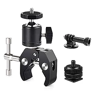 Camera Super Clamp Mount with Ball Head Mount Hot Shoe Adapter with 1/4 Thread for GoPro Hero 10 9 8 7 6 5 4,DJI Action Cameras, LCD Field Monitor LED Lights 360°Motorcycle Camera Mount