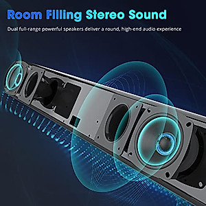 BESTISAN Soundbar, TV Sound Bar with Dual Bass Ports Wired HDMI and Wireless Bluetooth 5.0 Home Theater System (28 Inch, Enhanced Bass Technology, 3-Inch Drivers, Bass Adjustable, Wall Mountable, DSP)