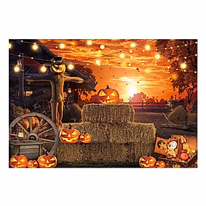 Funnytree 7x5FT Halloween Photography Backdrop Hallowmas Eve Gloomy Devil Pumpkin Scarecrow Background Horrible Scary Nightmare Party Banner Dress Up Decor Favors Gifts Photobooth Props