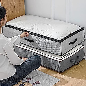 adikaka Underbed Storage Containers Bags 3-Pack, Foldable Large Fabric Container with Clear Window and Reinforced Handles for Clothes and Blankets - 40 x 20 x 7 Inches, Gray