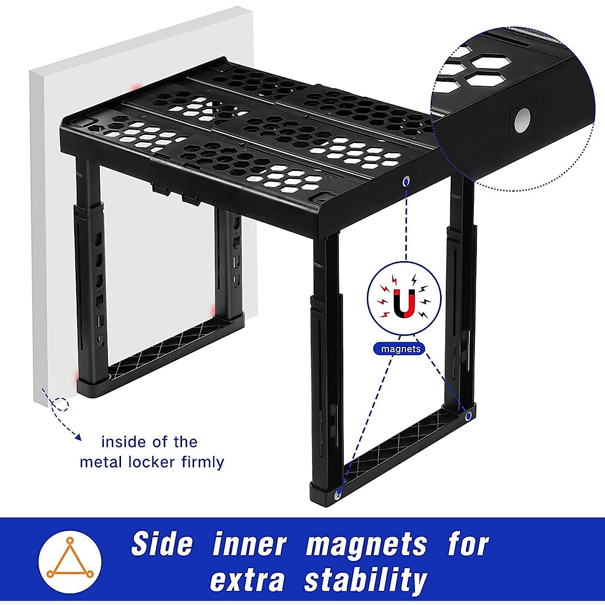 Locker Organizer Shelf， Adjustable Width and Height, Ideal Locker for School, Office, and Gym Lockers (Black 2 Pack)