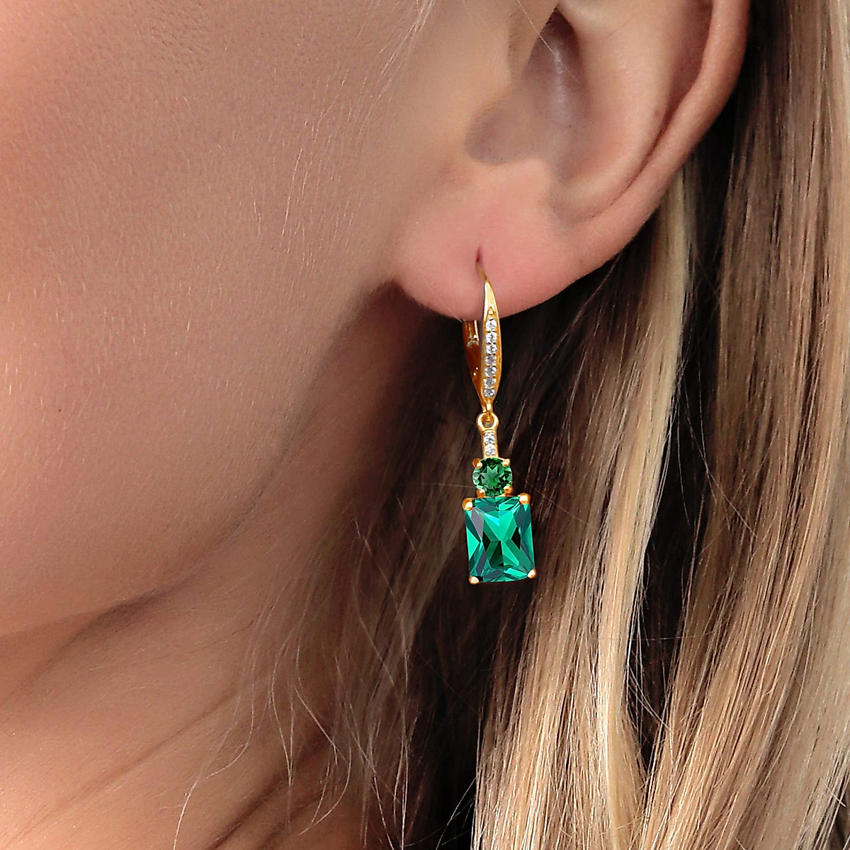 Gem Stone King 18K Yellow Gold Plated Silver Green Nano Emerald Dangle Earrings For Women (4.60 Cttw, Gemstone May Birthstone, Emerald Cut 9X7MM)